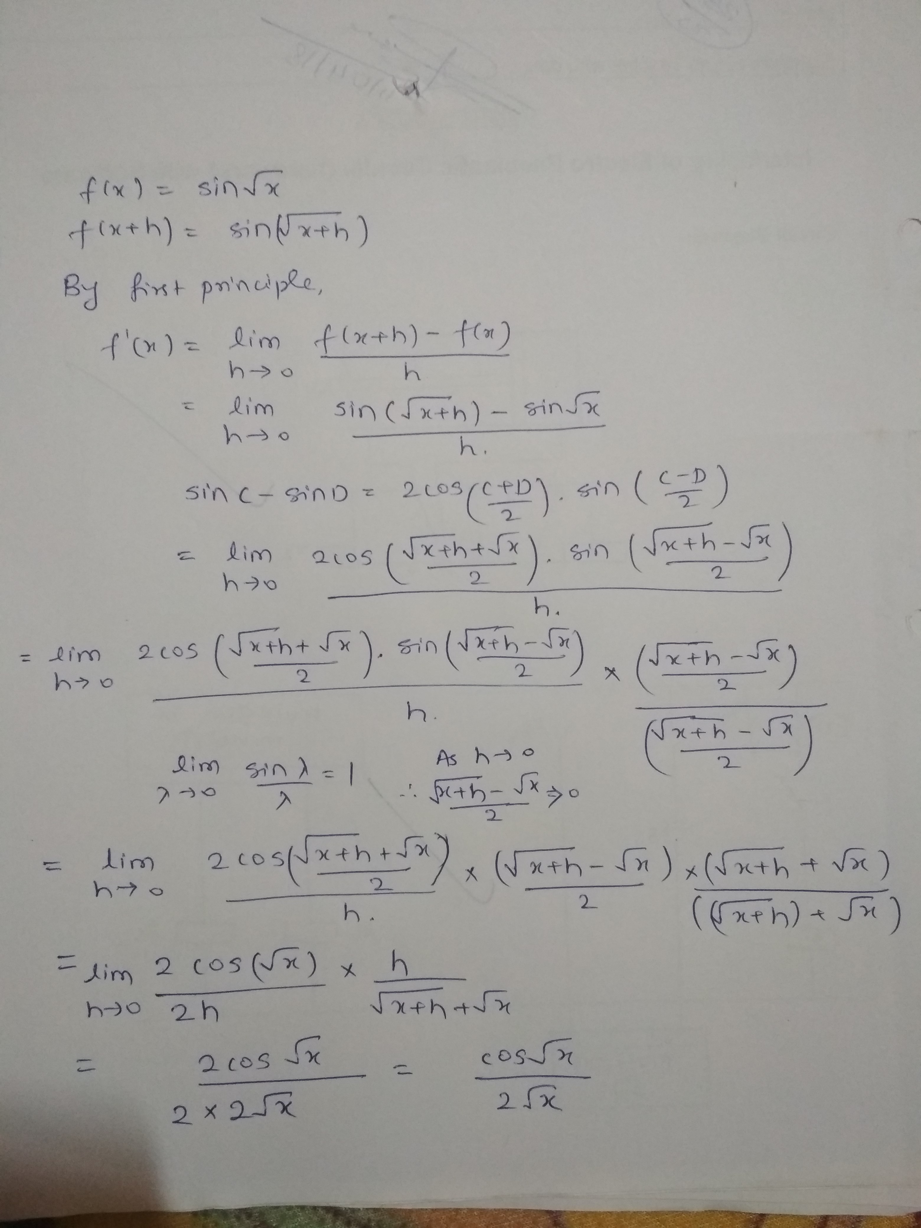 Find The Derivative Of Sin√x From The First Principle