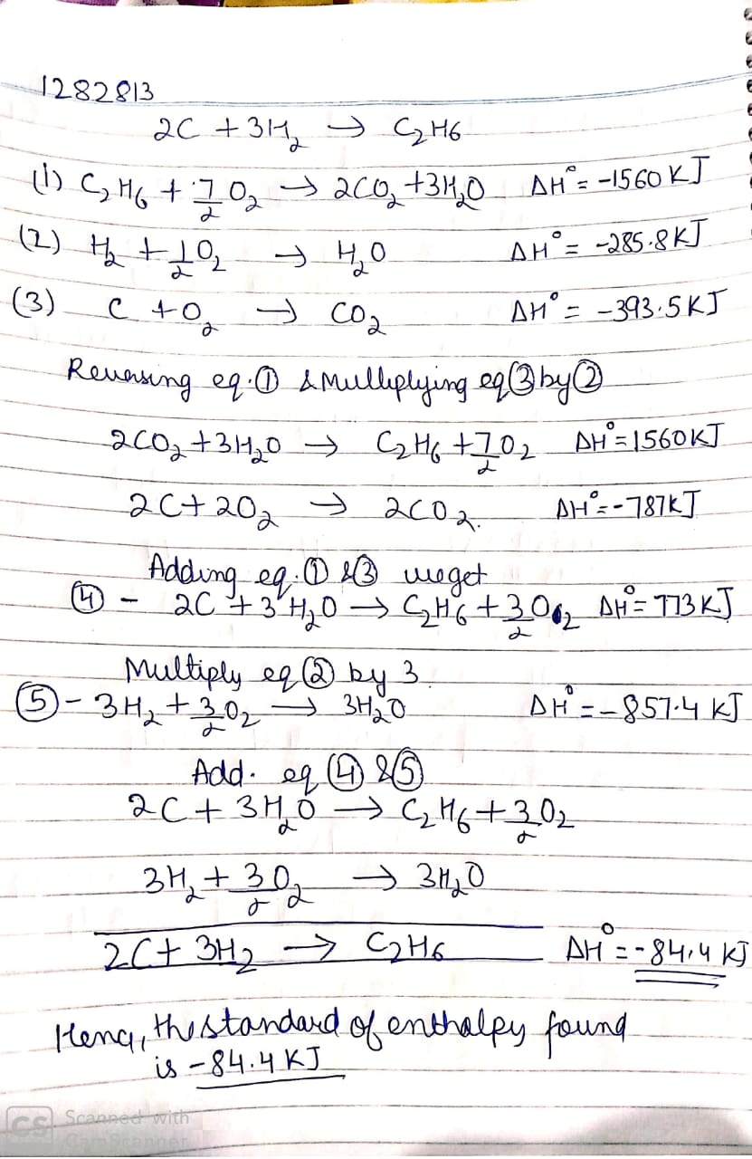 Calculate The Standard Enthalpy Of The Reactions 2c Graphite 3 H2g