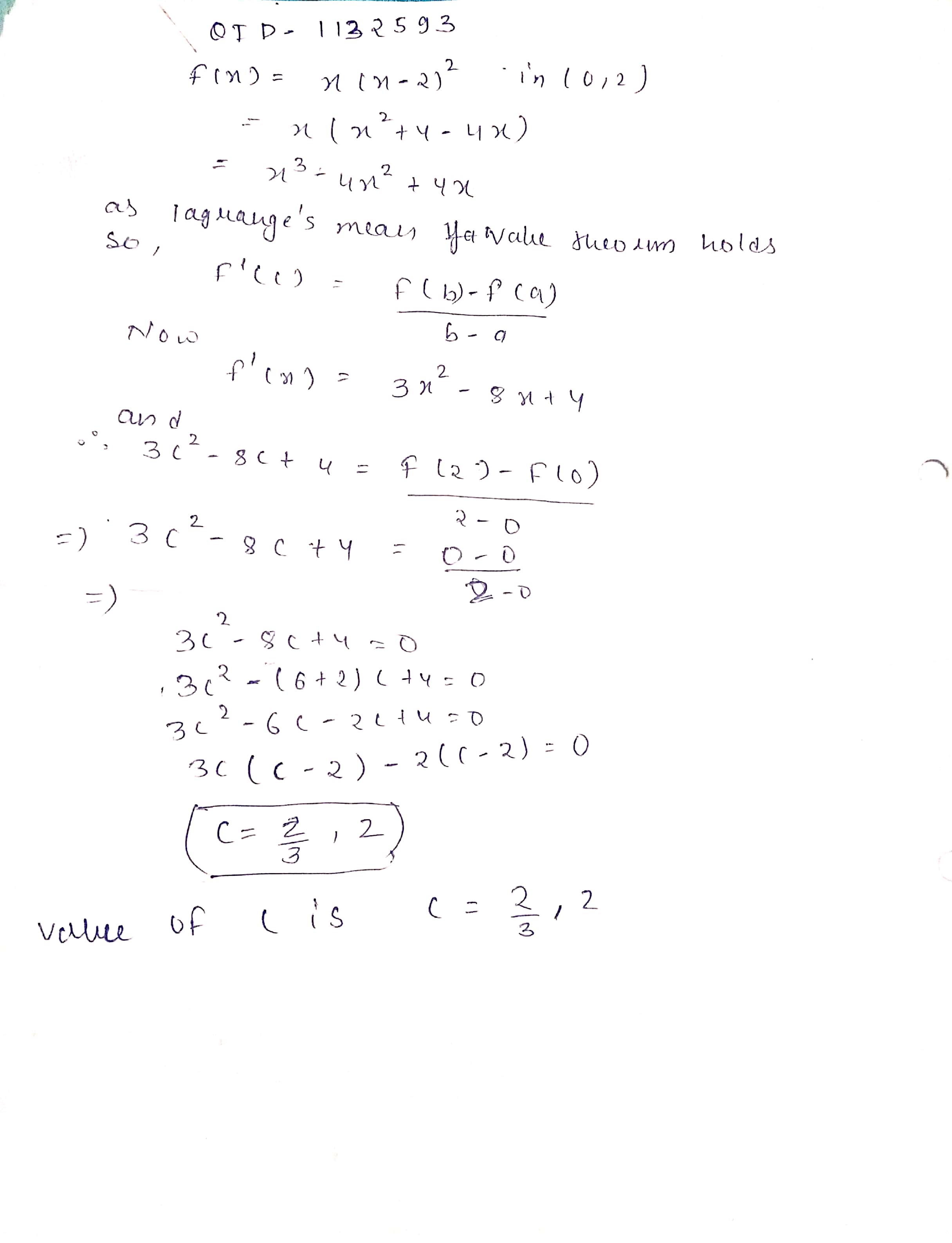 The Value Of C In Lagranges Mean Value Theorem For Fx Xx 22