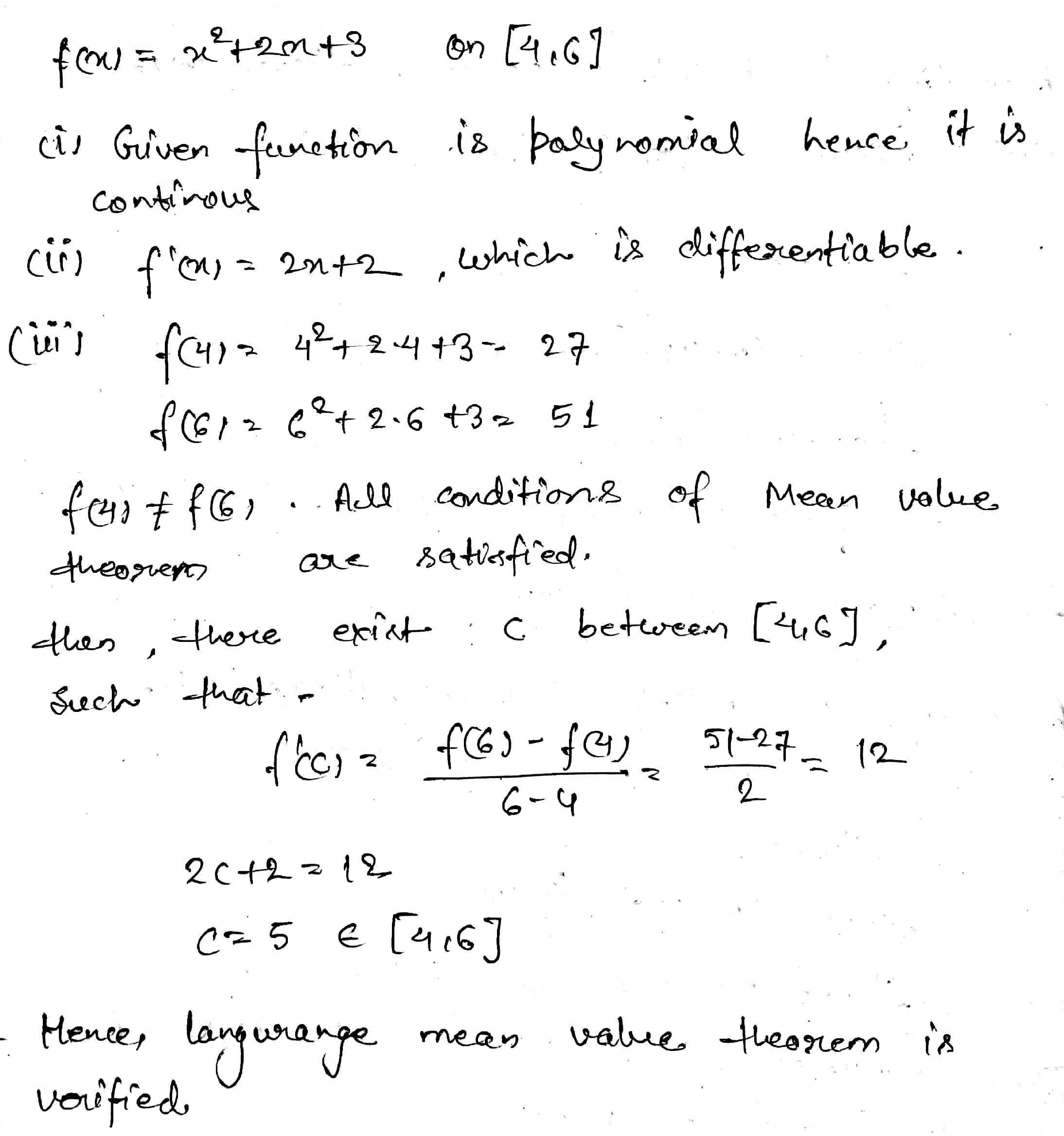 Verify Lagrangess Mean Value Theorem For The Following Function Fx