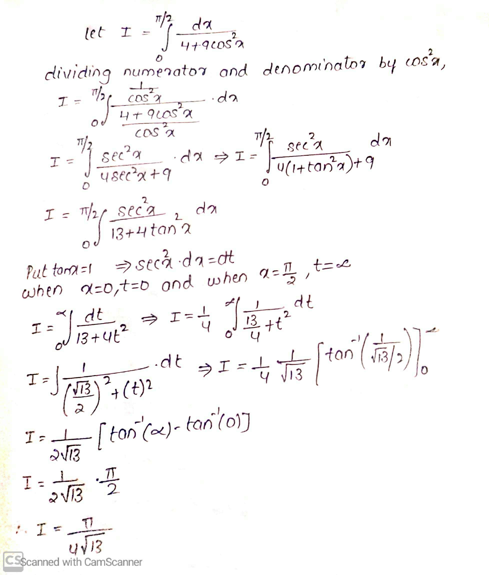 Evaluate The Following Integral Intpi20 Dx4 9cos2x