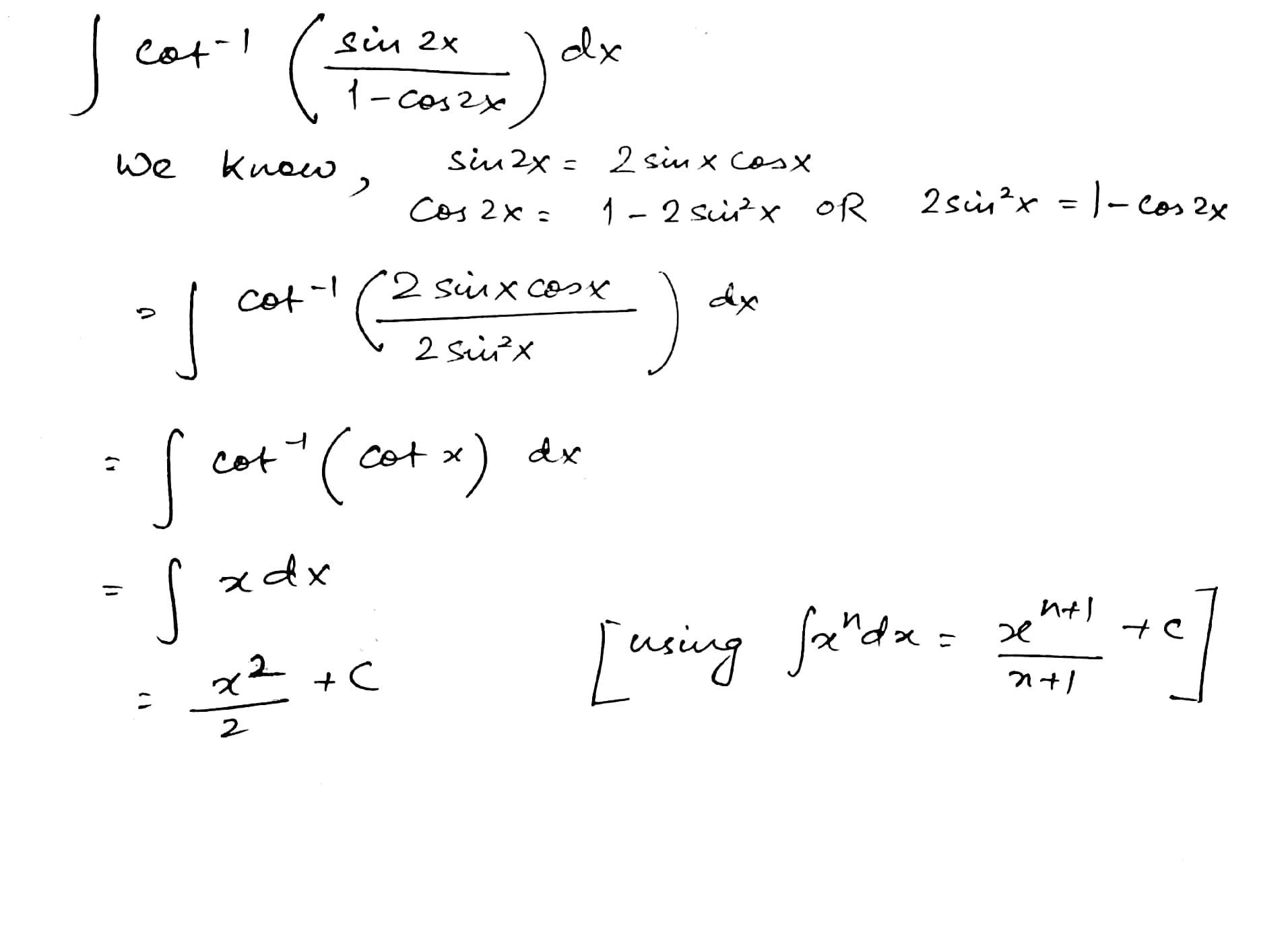 Evaluate Int Cot 1 Sin 2x1 Cos 2x Dx