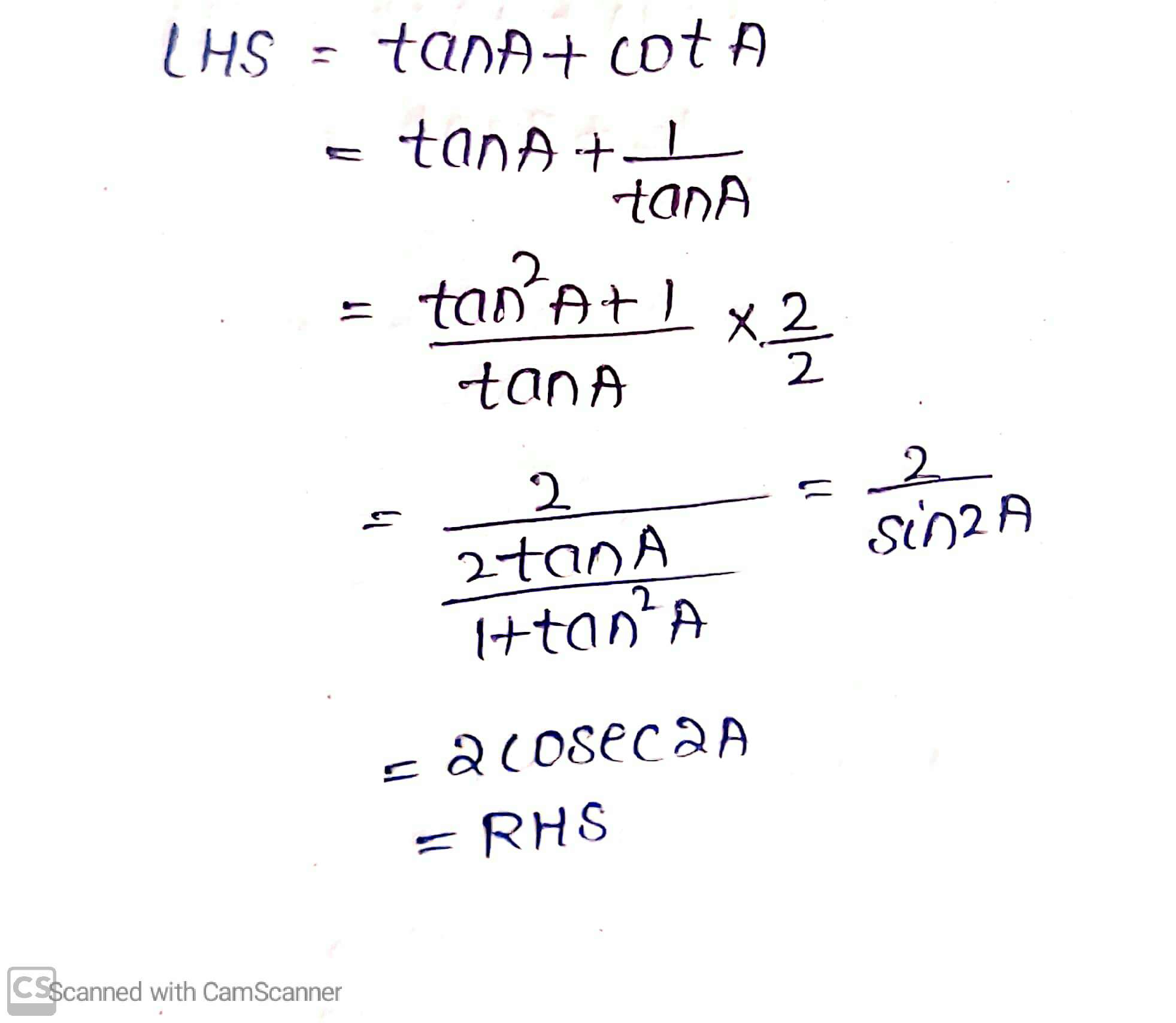 Prove That Tan A Cot A 2 Cosec 2a