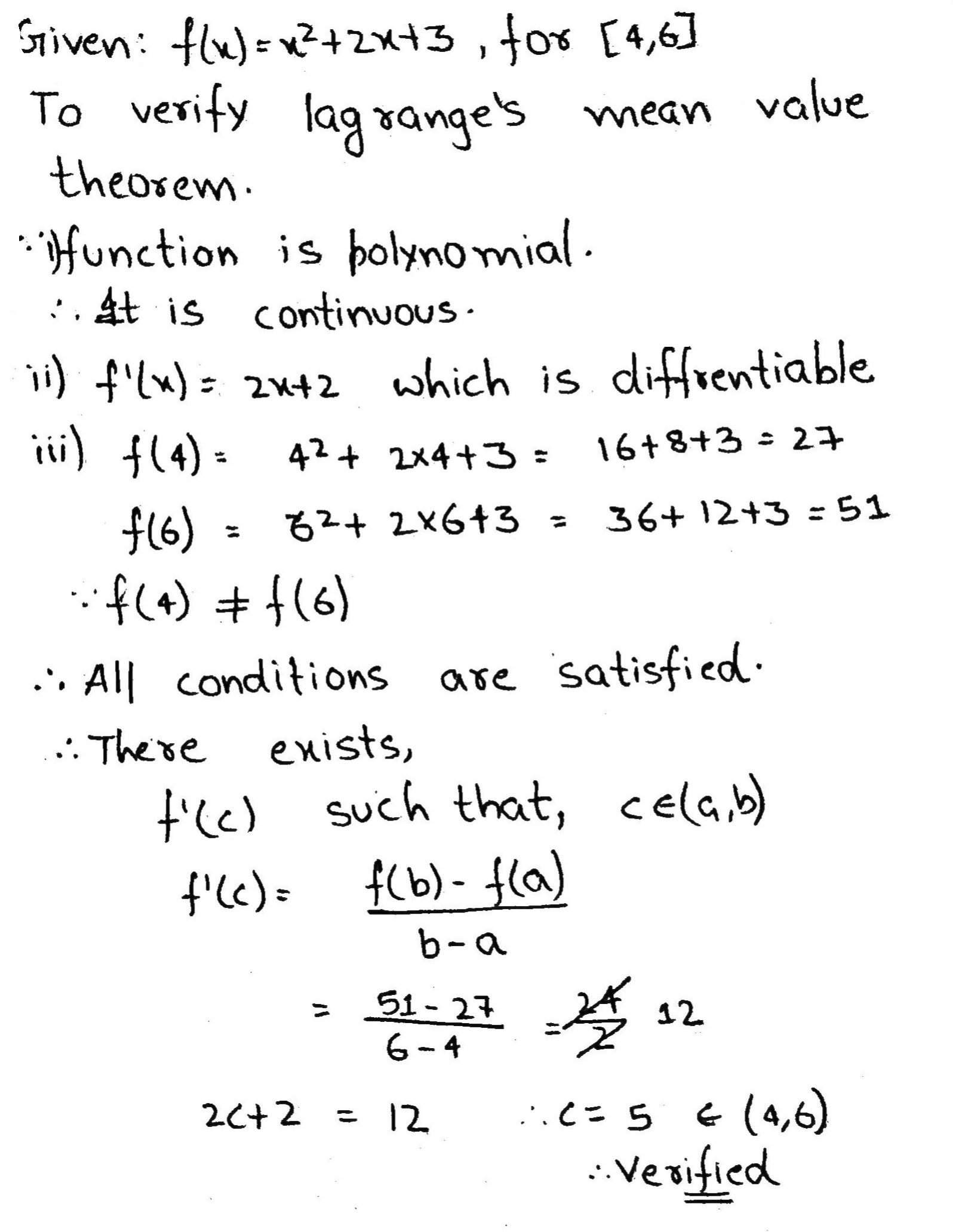 Verify Lagranges Mean Value Theorem For The Following Function Fx