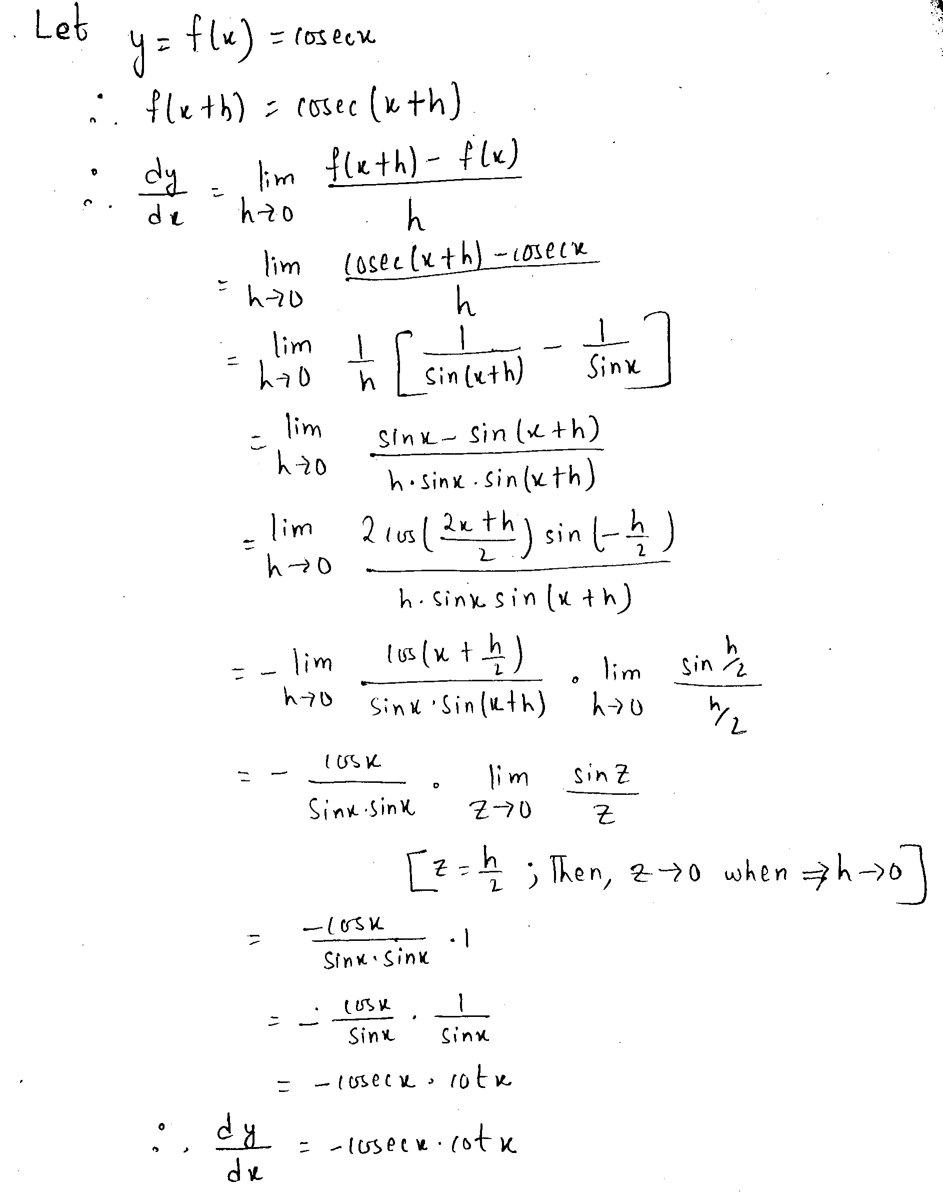 Using First Principle Find The Derivative Of Cosec X