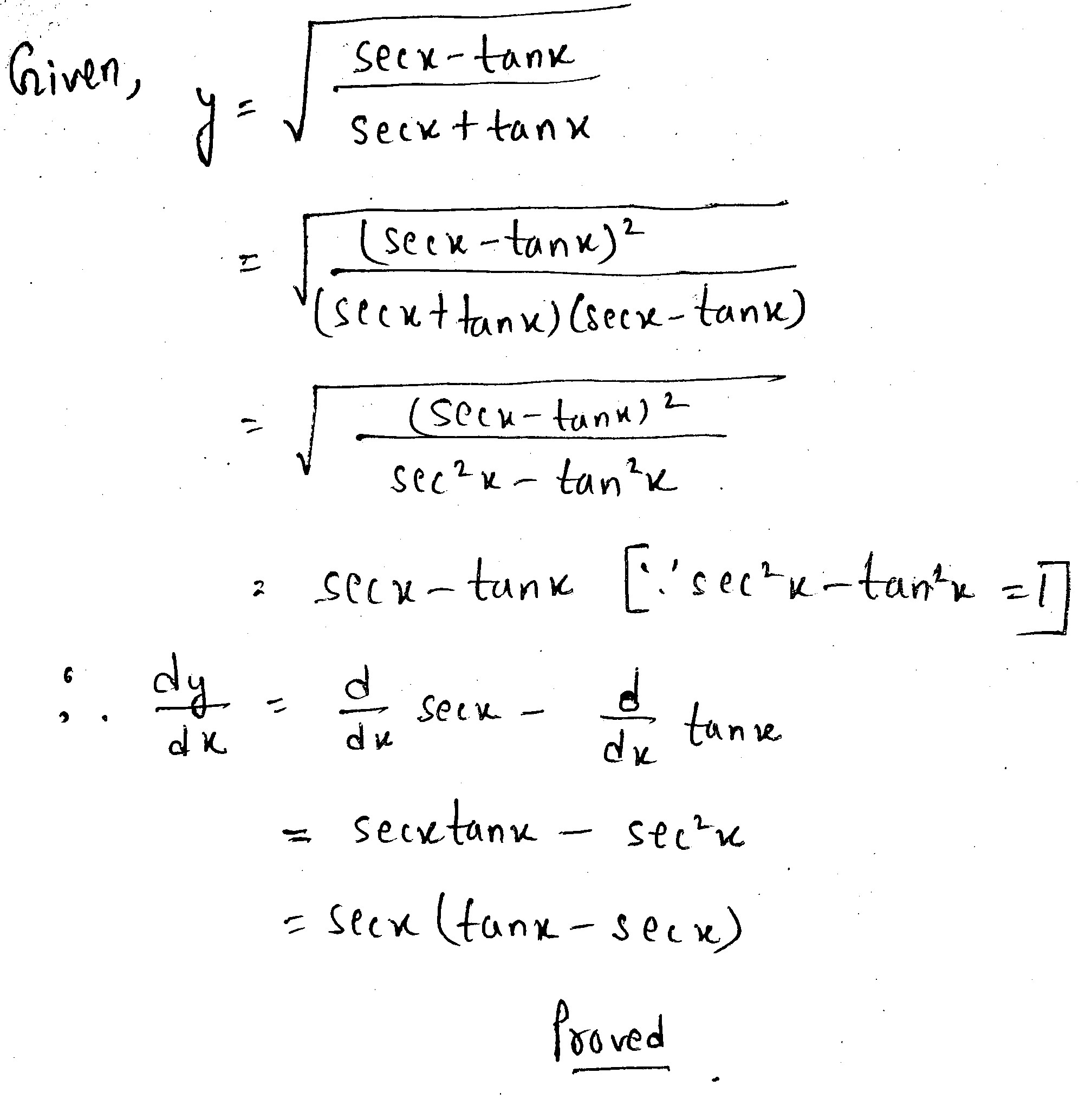 If Y √ Secx Tanxsecx Tanx Show That Dydx Sec Xtan X Sec X