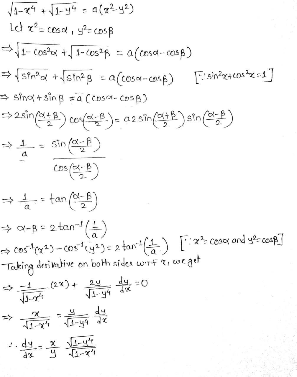 √1 X 4 √1 Y 4 A X 2 Y 2 Then D Yd X Xy√1