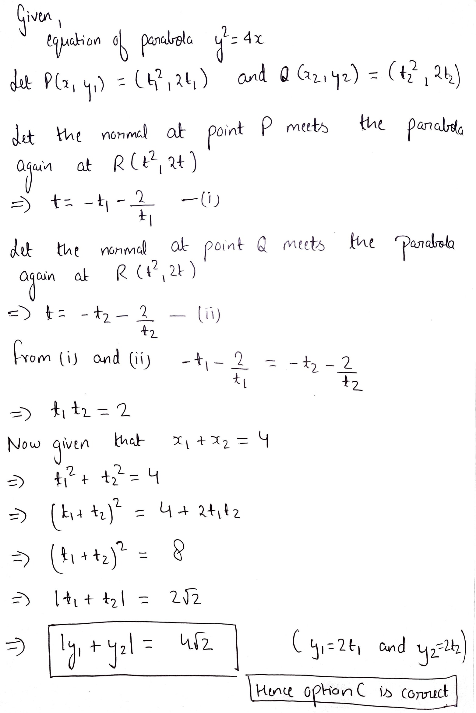 If Normal At Two Points X1 Y1 And X2 Y2 Of Parabola Y2 4x