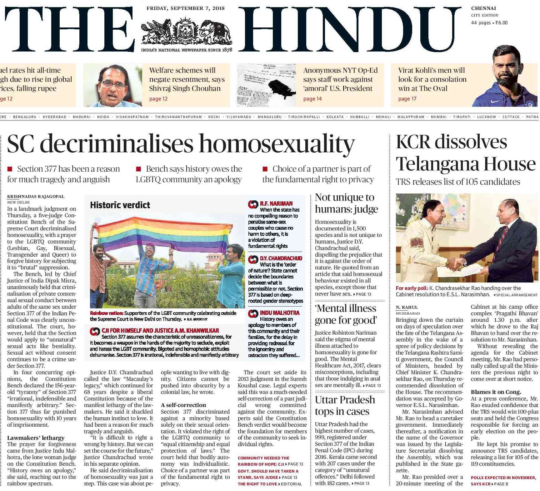 Section 377 Ruling What Front Pages Said About The Supreme Courts