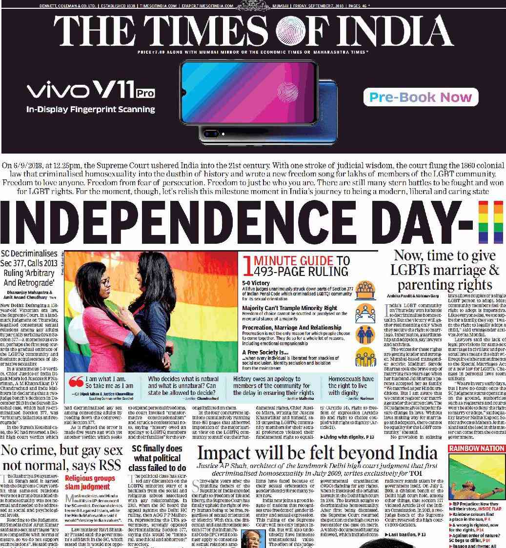 Section 377 Ruling What Front Pages Said About The Supreme Courts