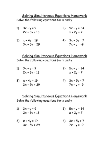 Simultaneous Equations Homeworks Teaching Resources