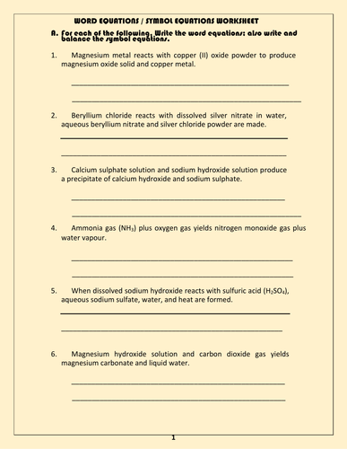 Writing Chemical Equations Worksheets With Answers Teaching Resources