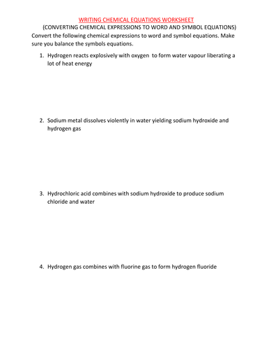 Writing Chemical Equations Worksheets With Answers Teaching Resources