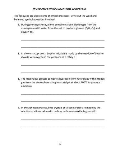 Writing Chemical Equations Worksheets With Answers Teaching Resources