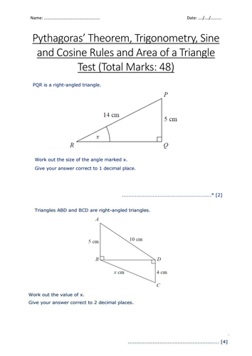 Pythagoras Theorem Trigonometry And Area Of Triangle Test Teaching