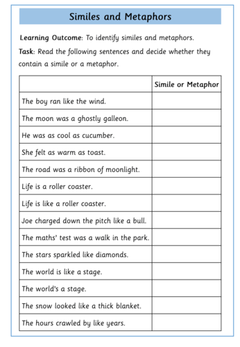 Simile And Metaphor Worksheet Englishworksheetmyid