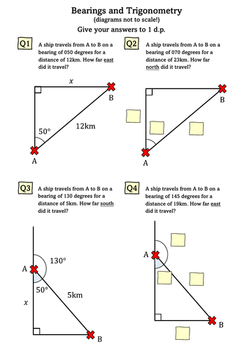 Simple Bearings And Trigonometry Scaffolded Worksheet Teaching Resources