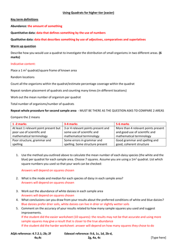 Gcse Ecology New Spec For Higher Tier Quadrats Worksheet Teaching