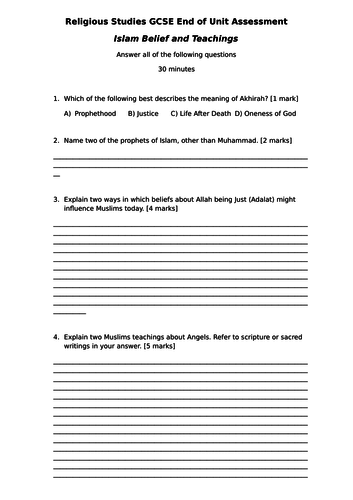 Aqa Gcse Rs Spec A 1 9 Islam Beliefs And Teachings Assessments