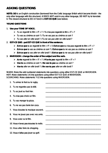 French Gcse How To Ask Questions Worksheet Teaching Resources