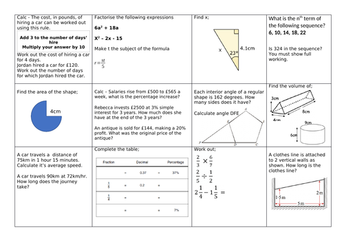 Gcse Maths 9 1 Revision Grids Teaching Resources