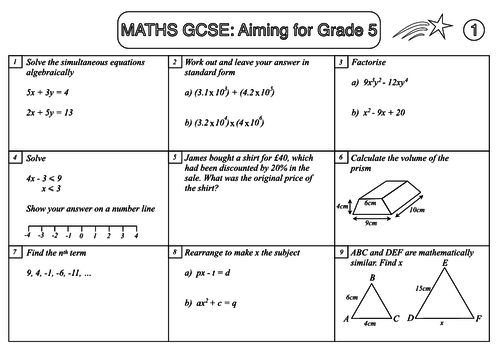 Gcse Maths Revision Sample Sheet Aiming For Grade 5 Teaching Resources