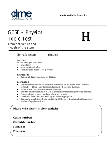 Aqa Gcse Physics 9 1 Topic Test Atomic Structure And Models Of