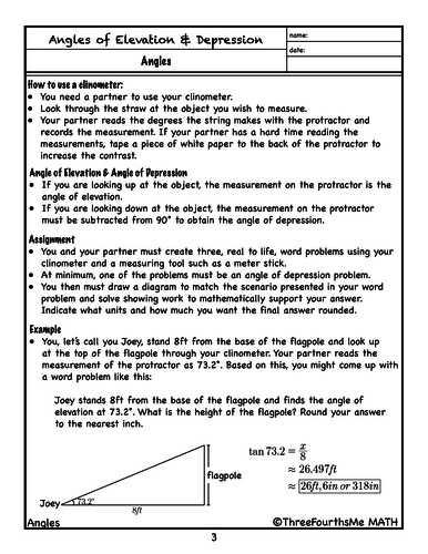 Angle Of Elevation And Depression Hands On Activity Teaching Resources