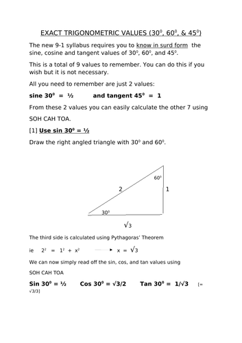 Exact Trigonometric Values 9 1 Teaching Resources