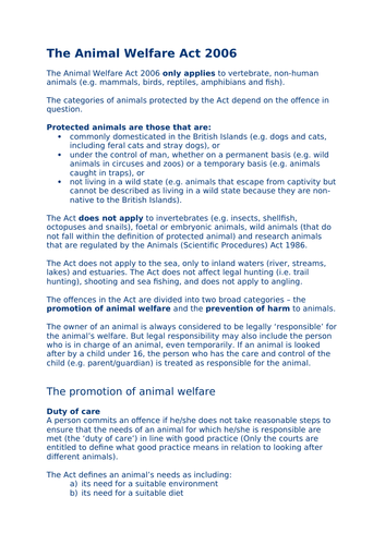 Animal Welfare Act 2006 Teaching Resources