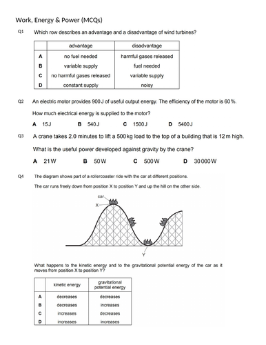 Work Energy And Powermcqsigcse 0625 Classified Worksheet With Answers