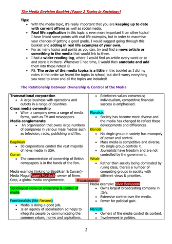 Aqa A Level Sociology The Media Revision Booklet Teaching Resources