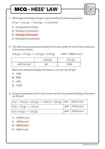 Mcq Hess Law Ocr Chemistry A Level Teaching Resources