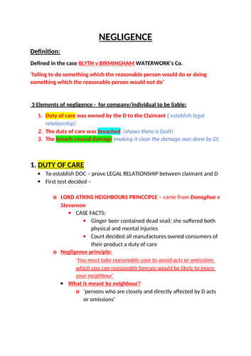 Ocr Law Negligence Aa Notes Tort Law Teaching Resources