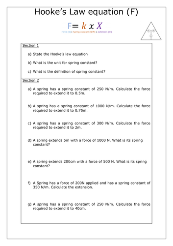 Hookes Law Equation Differentiated With Answers Worksheet Teaching