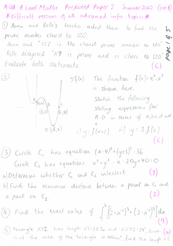 Aqa A Level Maths Predicted Gold Paper 2 With Solutions Set B