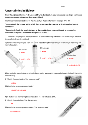 A Level Biology Maths Skills Revision Uncertainties Worksheet And