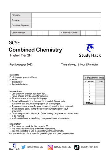 Aqa Combined Science Gcse Chemistry 2022 Practice Paper 2h Teaching