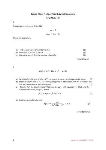 A Level Maths Predicted Paper 1 Teaching Resources