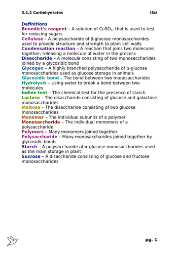 Aqa A Level Biology Carbohydrates Revision Teaching Resources