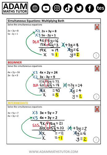 Gcse Simultaneous Equations Worksheets Exam Questions And Solutions