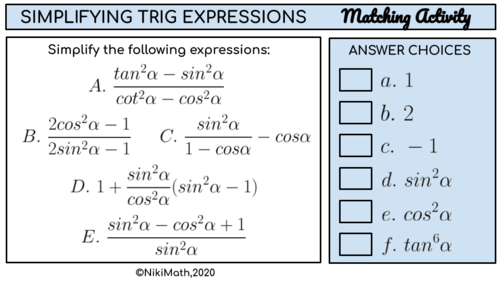 Simplifying Trigonometric Expressions Matching Activity Teaching