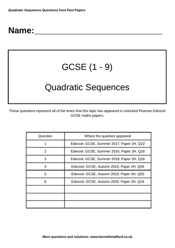 Nth Term Of A Quadratic Sequence Past Paper Questions Edexcel