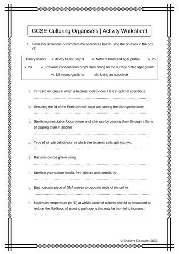 Gcse Biology Culturing Organisms Activity Worksheet Teaching Resources