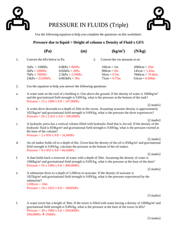 Pressure In Fluids Calculations Worksheet With Answers Gcse Triple