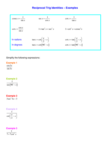 A Level Maths Reciprocal Trig Functions Worksheet By Srwhitehouse