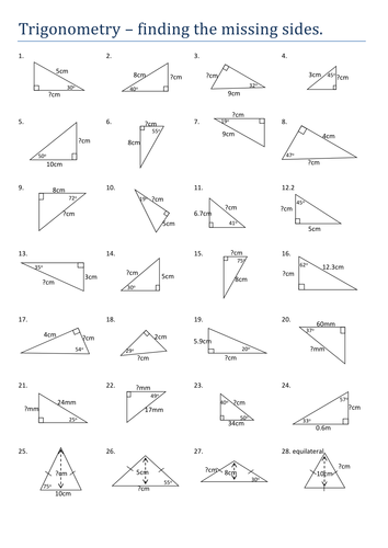 Maths Trigonometry Missing Sides Worksheet Teaching Resources