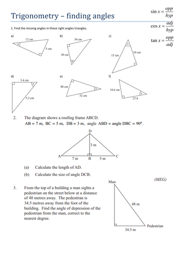 Trigonometry Finding Angles Worksheet Teaching Resources