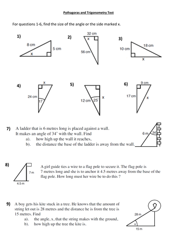 Pythagoras And Trigonometry Test Teaching Resources