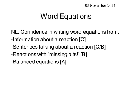 Confidence With Writing Word Equations Teaching Resources